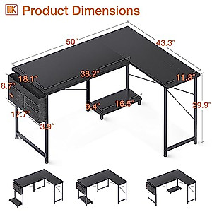 ODK L Shaped Desk with Storage Bag - 50 Inch Home Office Desk with Host Stand, Black Reversible Computer Corner Desk for Bedroom Studio, Modern PC Gaming Desk for Study Writing