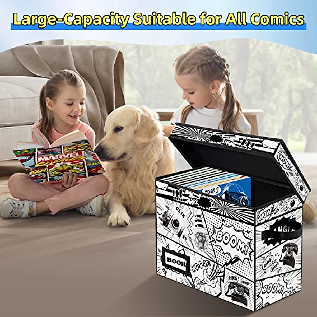 YNSZAS Comic Book Storage, Comic Book Box, 15.8" X 7.8" X 11.8", Collapsible Comic Short Box, Holds 160-180 Comic Book, Heavy Duty Comic Book Bin Container Holder Shelf (Cartoon Rocket)