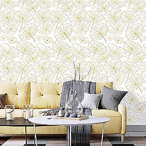Nukofal Lotus Leaf Wallpaper Peel and Stick Wallpaper Lotus Floral Wallpaper 17.7In x 118.1In Leaf Contact Paper Gold and White Wallpaper Modern Removable Wallpaper Self Adhesive Wall Paper Vinyl