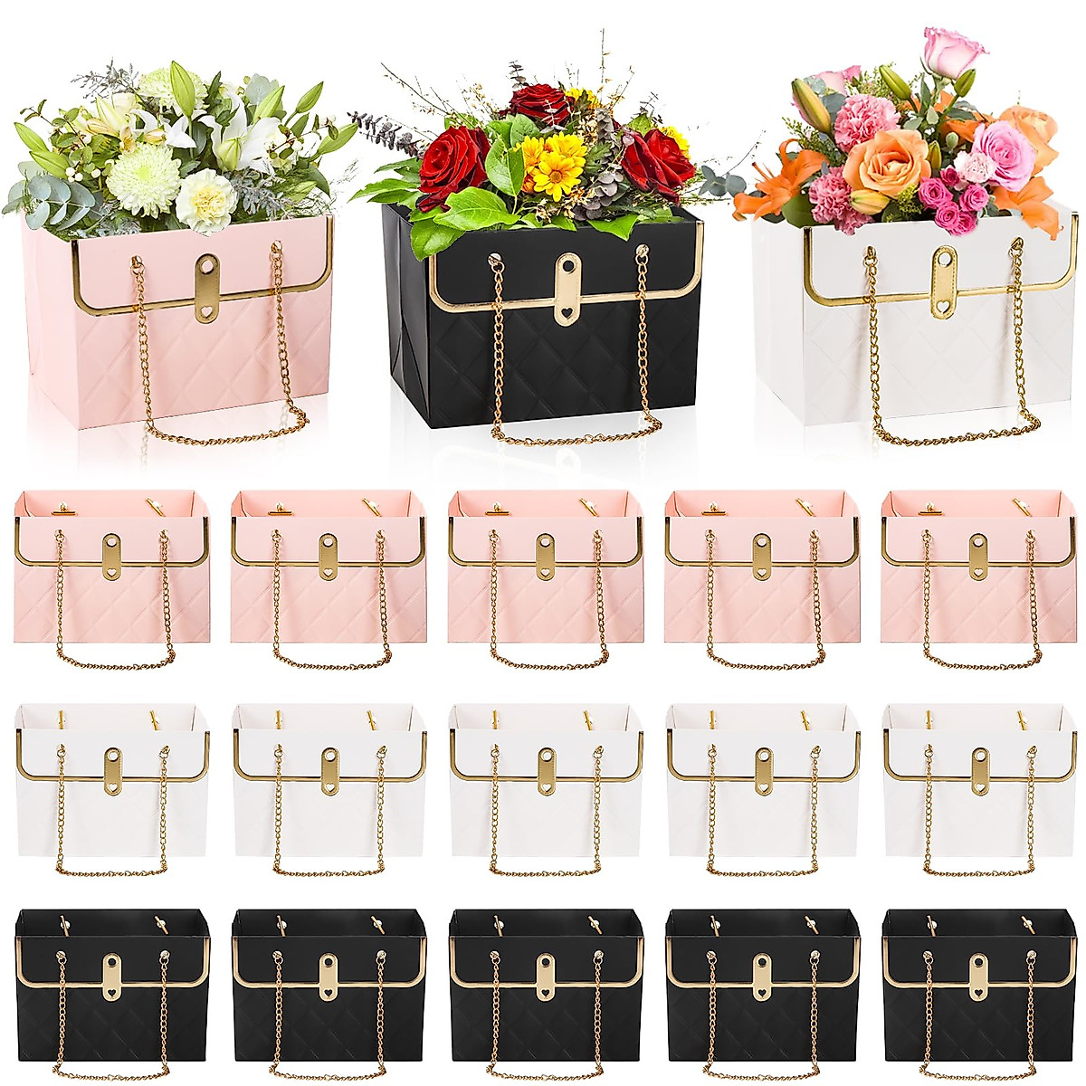 Pumtus 15 Pack Flower Paper Gift Bag, Bouquet Portable Flower Handbag Box with Metal Chain, Rectangle Wedding Gift Wrap Bag, Small Florist Carrier Bag for Arrangements, Valentine's Day, Birthday