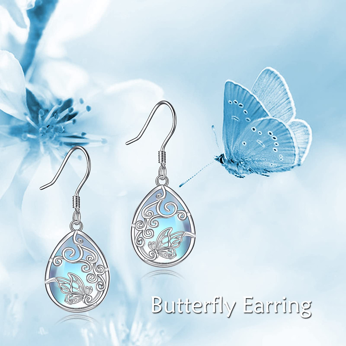 Butterfly Earrings Sterling Silver Moonstone Filigree Teardrop Dangle Earrings Butterfly Jewelry Gifts for Women