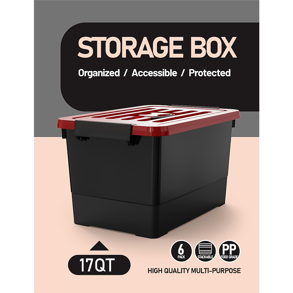 WYT 17 Quart Stackable Plastic Storage Bins with Red Lids, 4 Pack Black Containers with Latching Buckles and Handle, Durable Nestable Boxes Organizing for Closet, Garage, Tool Room