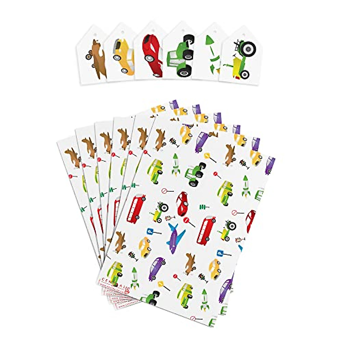 CENTRAL 23 Boys Birthday Wrapping Paper - 6 Sheets of Gift Wrap - Car Rocket Airplane Tractor Gifts - For Birthday Baby Shower - Recyclable