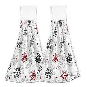 Winter Snowflakes Kitchen Hanging Towel Red White Snow Hand Fingertip Bath Tie Towels Set of 2 Pcs Tea Bar Dish Cloths 14 x 18 in Dry Towel Soft Absorbent Thin Durable for Laundry Room Decor