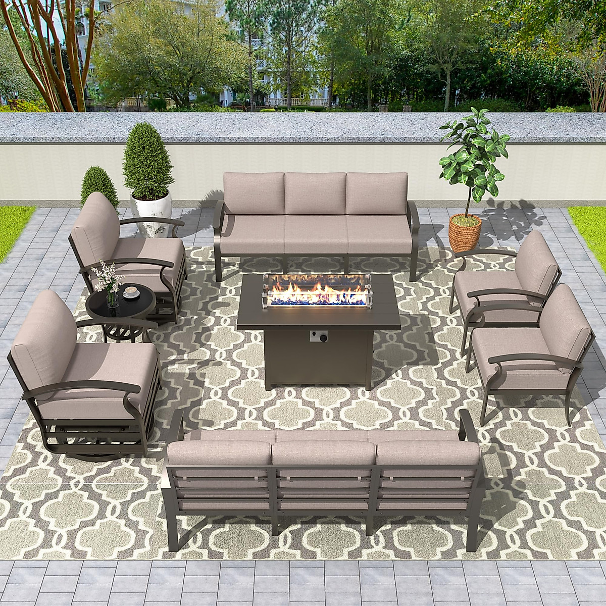 Piltwoff 10-Seat Aluminum Patio Furniture Set with Swivel Chairs,8 Piece Metal Outdoor Sectional Sofa w/45in 55000BTU Fire Pit,Swivel Rocking Chairs with Side Coffee Table,Sand