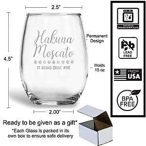 Lion King Inspired Gifts - Hakuna Moscato - 15 oz Stemless Wine Glass - Funny Movie Themed Birthday Present - African Safari - Handmade Artisan Gift