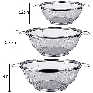 3 Pack 18/8 Stainless Steel Colander Sieves(5-Quart, 4-Quart and 3-Quart), Mesh Strainer Net Baskets with Handles & Resting Base for Strain, Drain, Rinse or Steam