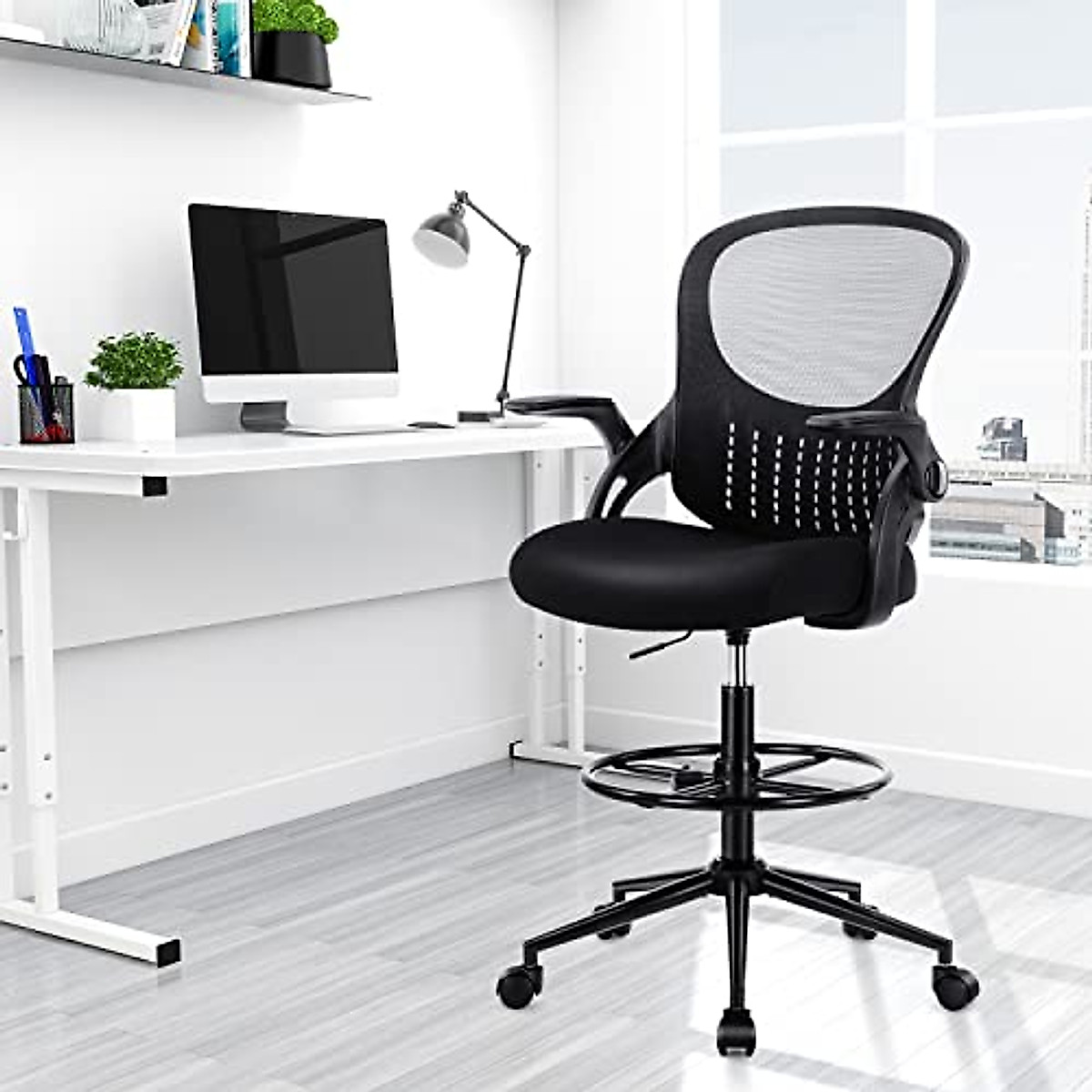 edx Drafting Chair Tall Office Chair, Tall Standing Desk Chair Counter Height Tall Adjustable Office Chair with Flip-up Arms/Wheels, Mid Back Mesh Office Drafting Chairs for Standing Desk