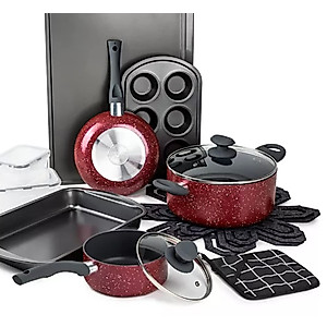 Brooklyn Venus Nonstick Aluminum Cookware Set 16 Piece Pots and Pans With Glass Lid, Dishwasher Safe Red