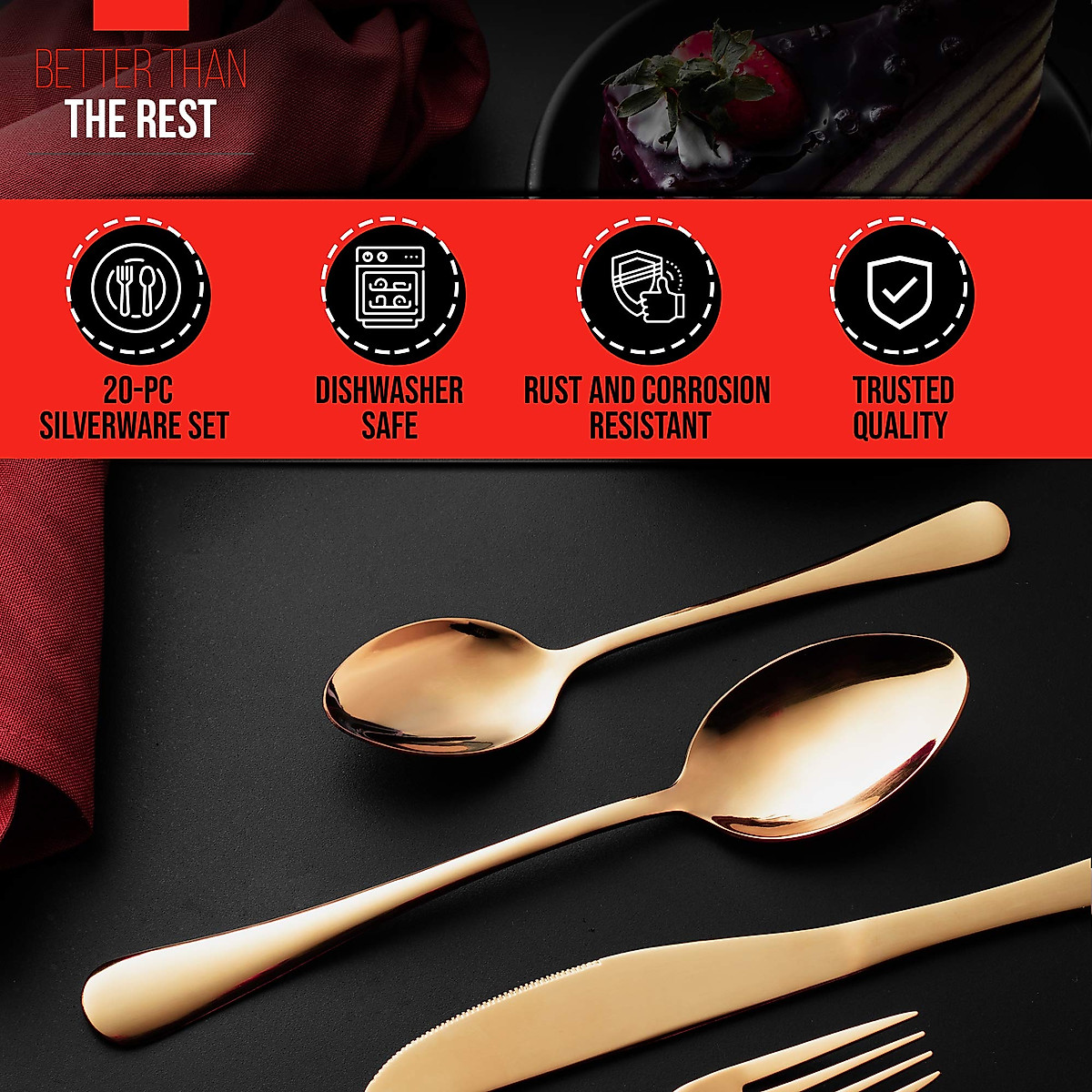 20-Piece Gold Silverware Set, MAGEME Premium Stainless Steel Flatware Cutlery Set for 4, Home Restaurant Hotel, Kitchen Utensils Set, Include Forks Spoons, Mirror Polished, Dishwasher Safe