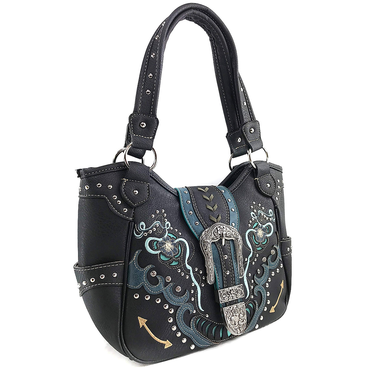 Zelris Floral Poppy Buckle Western Women Conceal Carry Tote Handbag Purse Set (Black)