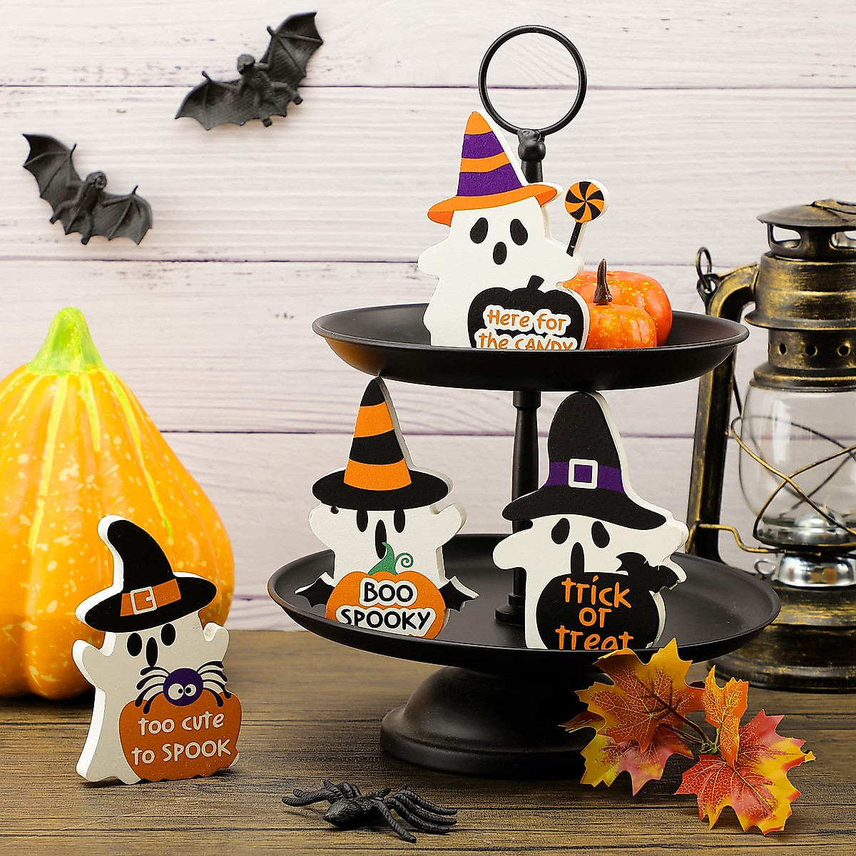 4 Pieces Halloween Ghost Decor Wooden Ghost Theme Table Centerpieces Cute Ghost Decor Trick or Treat Candy Sign Blocks for Home Shelf Party