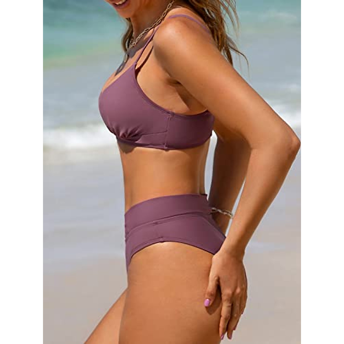 CUPSHE Bikini Set for Women Two Piece Swimsuits V-Wire Bralette High Waisted High Cut Cheeky Bottom S, Purple