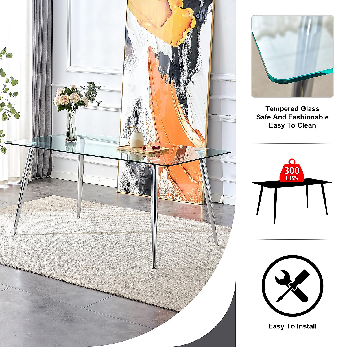 WEKEOT 63" Rectangular Dining Table Set Modern Dining Table Set 7 Pieces Kitchen Table and Upholstered Chairs (1Table+4Chairs, Transparent GlassTable, White Chair)