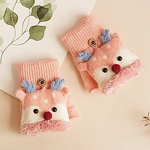 Aniywn Kids Winter Convertible Fingerless Gloves Cute Cartoon Christmas Warm Knit Gloves for Kids Boys Girls 4-12 Years