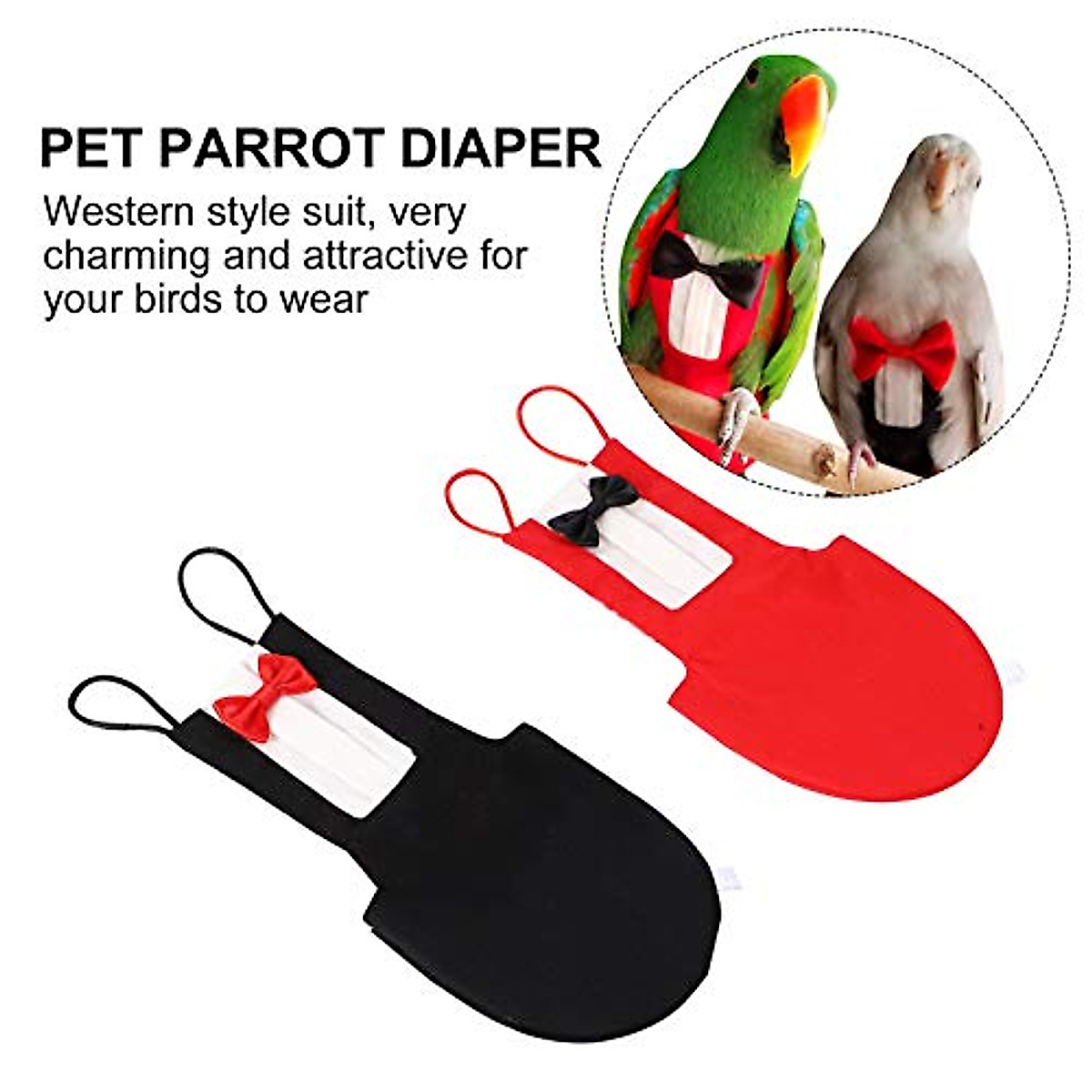 TEHAUX 2 Pack Bird Diaper Parrot Flight Suit Reusable Parrots Nappies with Bowtie Decor Pet Clothes for Budgie Parakeet Cockatiel Wedding Anniversary Christmas Birthday Party- Size