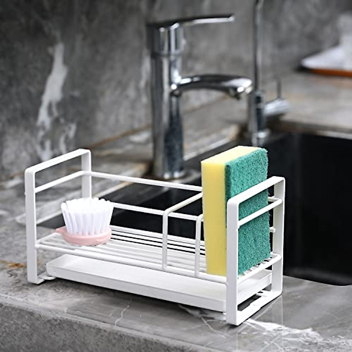MyGift Modern Matte White Metal Kitchen Sink Sponge Holder and Accessory Rack with Removable Drainage Tray