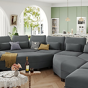 LLappuil Large Faux Leather Fabric Modular Sectional Sofa U Shaped Couch,Oversize U Shaped Leather Sectional Sofa for Living Room,Office,Grey