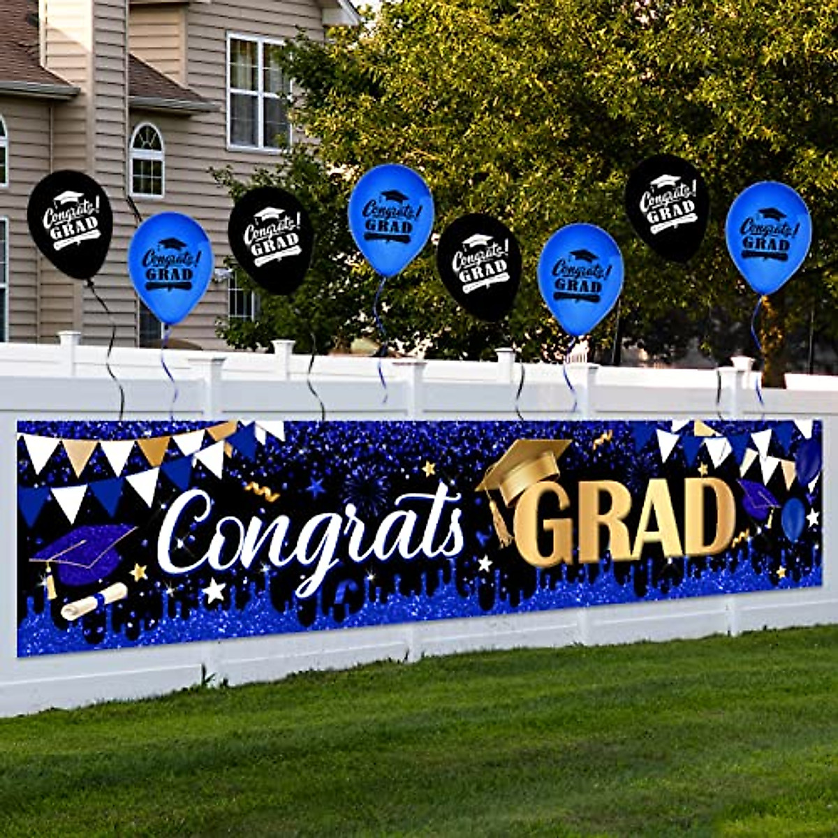 2023 Graduation Banner Decoration Set, Large Congrats Grad Banner with 8 Pieces Balloons Blue and Gold Class of 2023 Yard Sign for High School College Graduation Party Outdoor Hanging Decorations(blue)