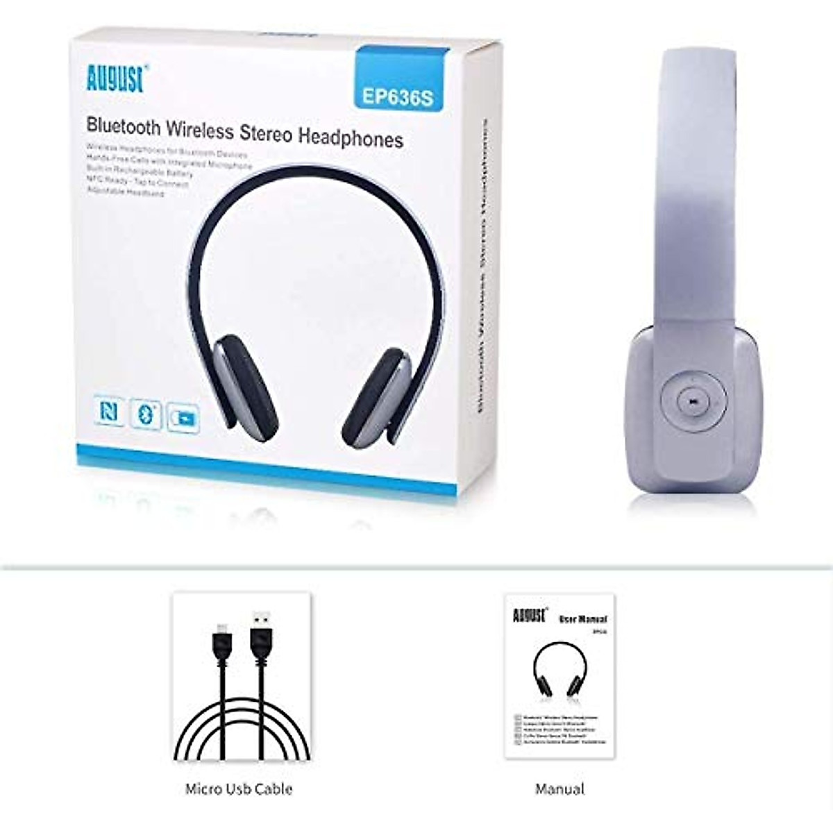 August EP636 Bluetooth Headphones - Wireless On-Ear Headphones with NFC/Headset Microphone - Silver