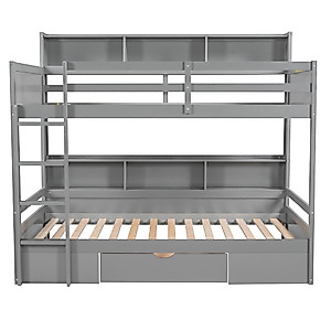 SOFTSEA Twin Over Twin Bunk Bed with Storage Shelves and Drawers, Solid Wood Bunk Bed Frame with Guardrails and Built-in Ladder for Kids, Twin Size Bunk Bed for Bedroom, Gray