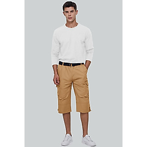 MAGCOMSEN Men's below Knee Long Shorts Cotton Work 3/4 Cargo Capris 7 Pockets Twill Military Summer Shorts Khaki 32