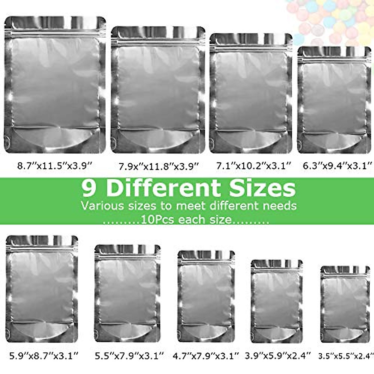 Mylar Bags, 90 Pack 9 Sizes 7mil Mylar Bags for Food Storage, Resealable mylar ziplock bags, Stand Up Pouch Bags, Clear Front with Aluminum Foil Back, Zipper Bags with Gusset Bottom for Multipurpose