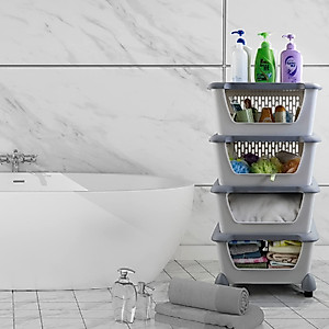 Ggbin 4-Tier Storage Basket Cart with Rolling Wheels, Plastic Stacking Basket Bin