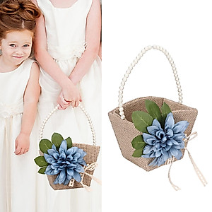 Rustic Flower Girl Basket, Vintage Burlap Flower Basket with Pearl Handle Jute Wedding Flower Girl Basket for Wedding Ceremony Bride Flower Girl Basket