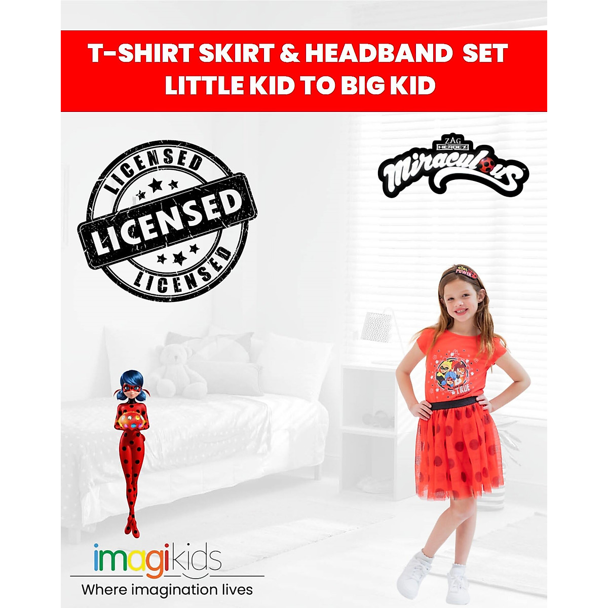 Miraculous Little Girls T-Shirt, Skirt and Satin Headband 3 Piece Outfit Set Red 7-8
