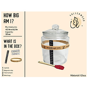 VALLENWOOD Sourdough Set: Clear Thicker Glass Jar 34oz, 1L With Lid. Plus Silicone Band Level Tag, Thermometer With Magnetic Strip And Spatula. For Fermenting. For Starter (Circular)