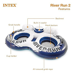 Intex River Run II Inflatable Double Rider Inntertube with Built-in Cooler and Cupholders with River Run I Single Floating Water Rafts (2 Pack)