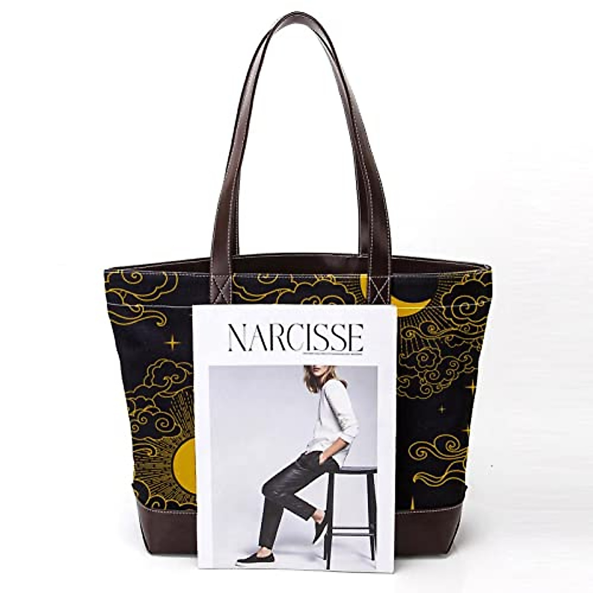 Sun and Moon Art Black Pattern Tote Bags Large Leather canvas Purses and Handbags for Women Top Handle Shoulder Satchel Hobo Bags