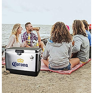 Corona Ice Chest Beverage Cooler with Bottle Opener, 51L (54 qt), 85 Can stainless steel Portable Cooler, Silver and Black, for Camping, Beach, RV, BBQs, Tailgating, Fishing