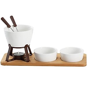 Sizikato White Porcelain Chocolate Fondue Set, with 2 Fruit Fork and 2 Small Bowl and Wood Tray, 10 Oz