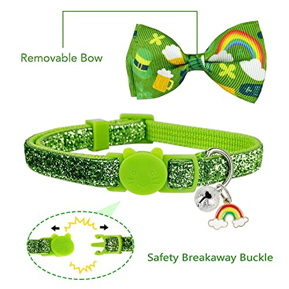 Pohshido 2 Pack St. Patrick's Cat Collar with Bow Tie and Bell, Kitty Kitten Breakaway Lucky Irish Shamrock Collar for Girls and Boys Male Female Cats (The Lucky One)