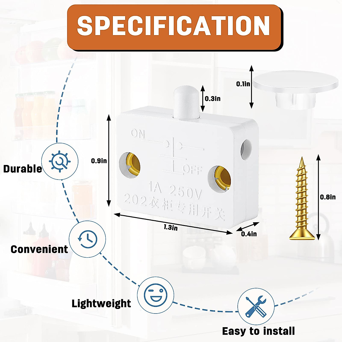 Honoson 8 Pieces Cabinet Door Switch for Closet Light Automatic Touch Door Activated Lamp Switch for Wardrobe Applicable to 12V 24V 110V (White)