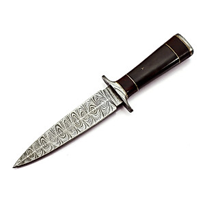 Nooraki DK-347 Handmade Damascus Steel Fixed Blade Dagger Knife with Leather Sheath, Multipurpose Knife with Coloured Bone and Rosewood Handle for Hunting, Hiking, Camping, Survival, 11 length