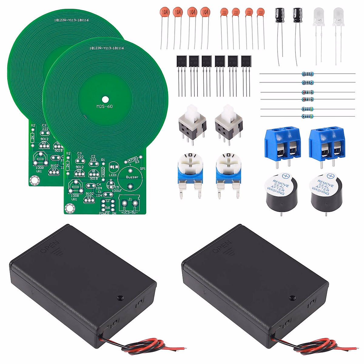 Dorhea 2Pcs Metal Detector Kit Electronic Practice Kit DC 3V-5V 60mm Non-Contact Sensor Board Module + 2Pcs 1.5V AA Battery Holder Case with Wire and ON/Off Switch