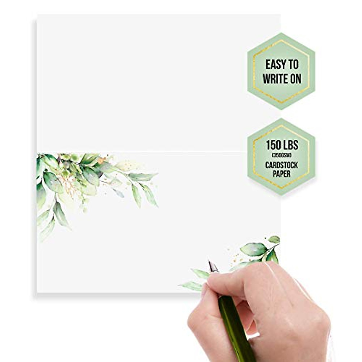 Wedding Place Cards Table, 50 Pack, 2 x 3.5 inch, Gold & Greenery Place Cards for Weddings, Premium Eucalyptus Wedding Name Place Cards for Table Setting, Easy Folding Matte Finish Placecards Wedding