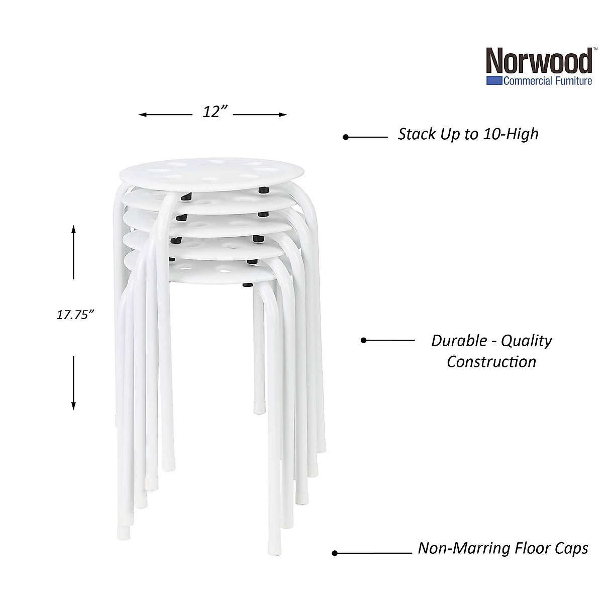 Norwood Commercial Furniture Stacking Stools for Kids and Adults, 17.75" Standard Height Portable Nesting Office and Classroom Stools, White, Pack of 5