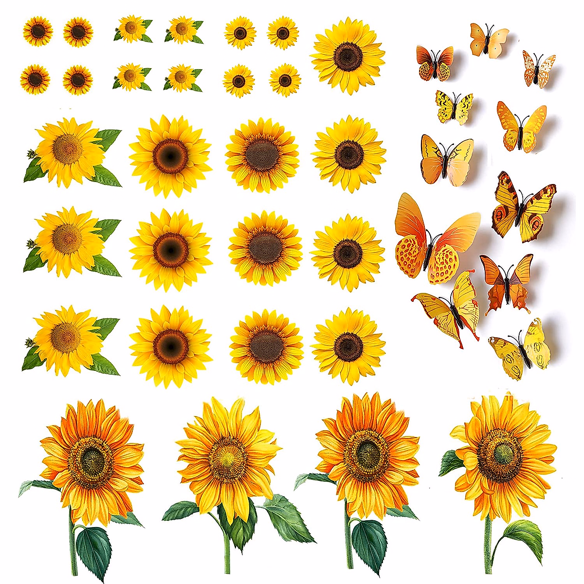 ETDTech Sunflower Wall Stickers Decals with 3D Butterfly, Yellow Flower for Kitchen Bedroom Nursery Children Room Living Room Waterproof Removable, 11.6inchx9.8inchx0.5inch