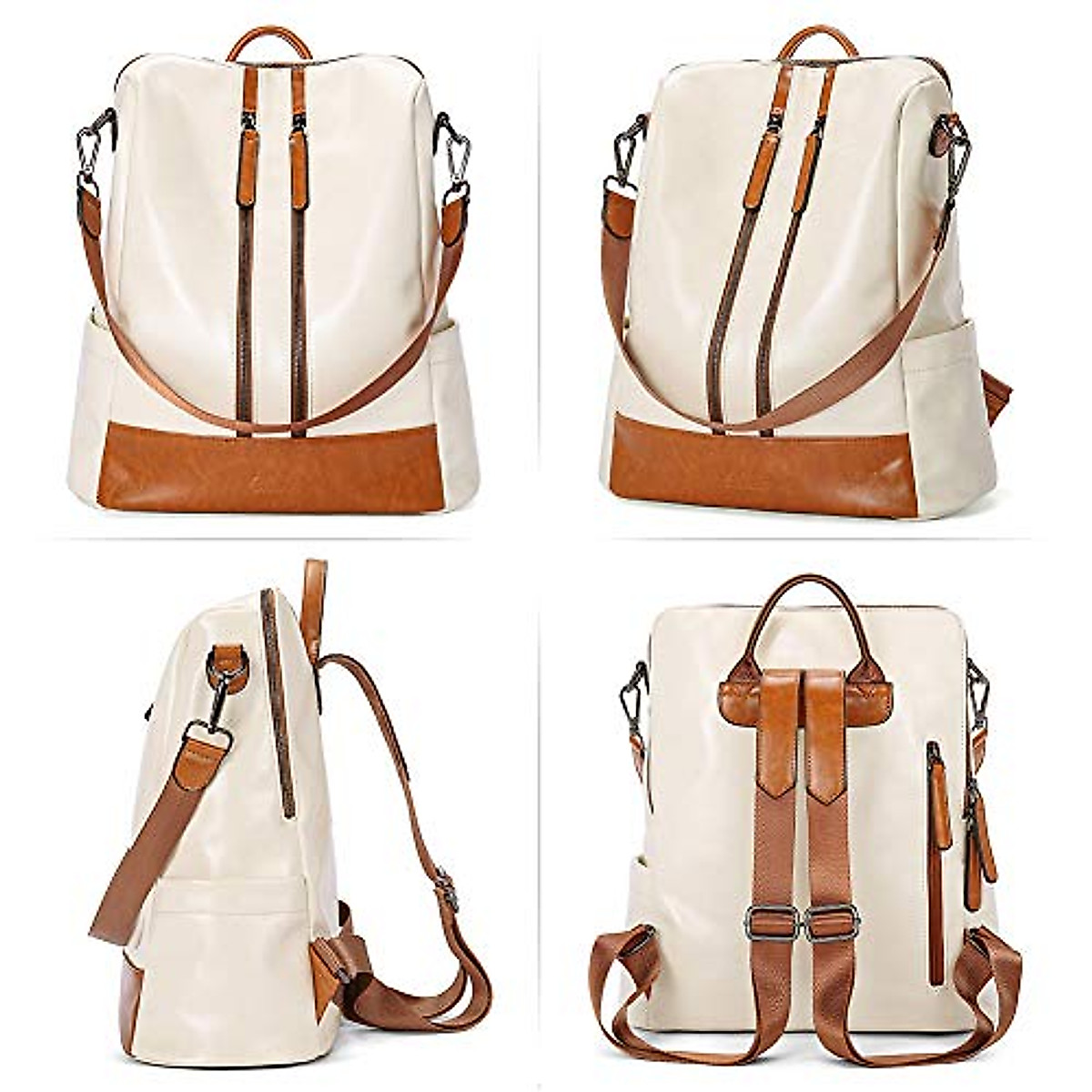 CLUCI Leather Backpack Purse for Women Covertible Travel Large Fashion Casual Lady Detachable Shoulder Bag Beige with Brown