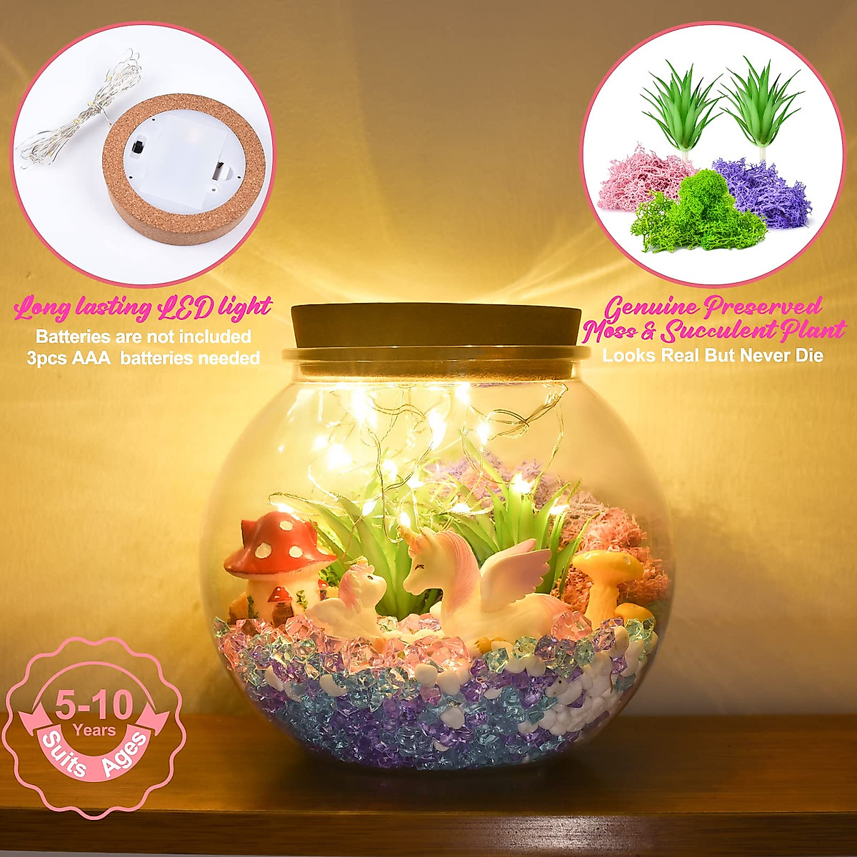 Unicorn Gifts for Girls - Light up Unicorn Terrarium Kit for Kids - DIY Unicorn Arts & Crafts Toy - Birthday Gifts for Kids Age 5 6 7 8-12 Year Old Girl Gift