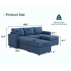 LINSY HOME Modular Sectional Sleeper Sofa, Sectional Couch with Ottoman Memory Foam, Storage Under Each Seat, Sofa Covers Washable Changeable, for Living Room, Blue