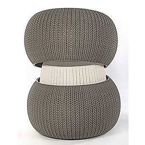 Keter Urban Knit Pouf Ottoman Set of 2 with Storage Table for Patio and Room Décor-Perfect for Balcony, Deck, and Outdoor Seating, Yellow & Gray