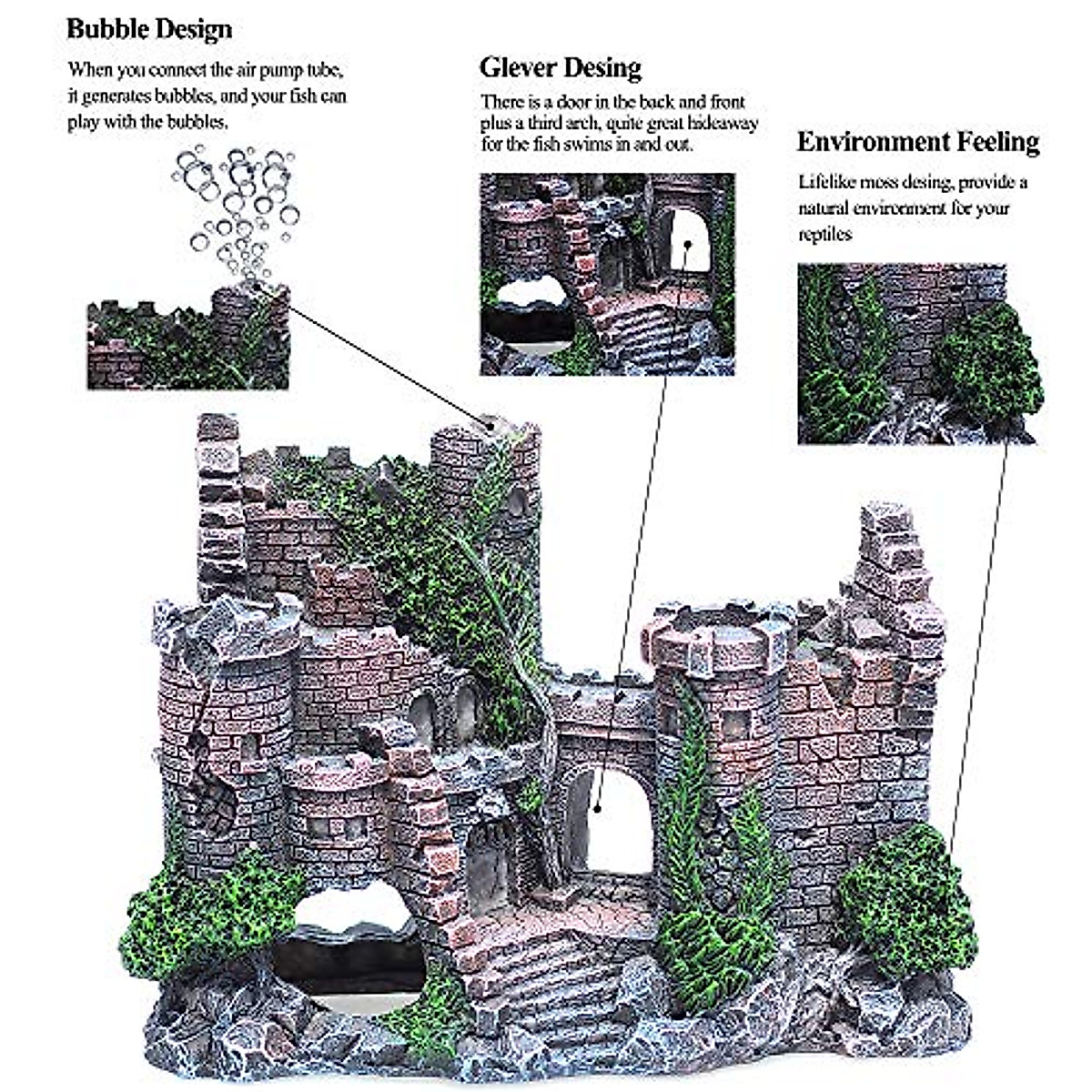 fazhongfa Aquarium Castle Air Bubbler Fish Tank Decorations for Betta Fish Ornament Small and Medium Fish Accessories Decor Betta House Toys (Air Pump is Not Include)