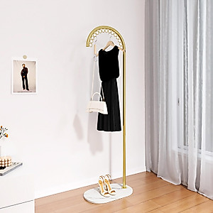 CQAEBK Metal Coat Rack Freestanding, Entryway Clothes Hanger Stand with 15 Hooks & Marble Base, L Shaped Garment Display Rack for Living Room Retail Bathroom, Gold/White, 19.7x11.8x63.8in