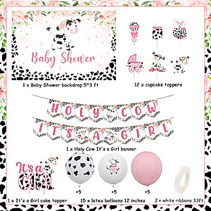 Pink Cow Baby Shower Decorations - Pink Cow Baby Shower Backdrop, Holy Cow It’s a Girl Banner, Cow Theme Cake Cupcake Toppers, Cow Print Balloons for Farm Animal Cow Themed Baby Shower Decorations