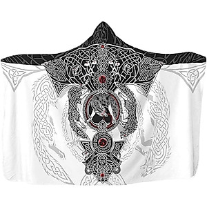 Viking 3D Printed Hooded Blanket Keep Warm And Soft Fenrir Wolf Viking Dragon Unisex Winter Wearable Hooded Blanket Double Thick Plush Wool Blanket Cape ( Color : Blanket , Size : 50x60in/130x150cm )